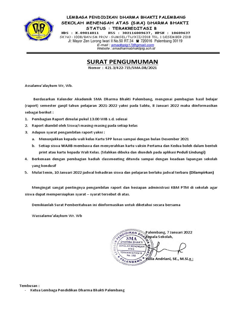 Surat Pengumuman Pembagian Raport Semester Ganjil TP 2021-2022 | PDF