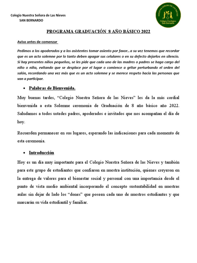 Libreto Graduación 8vo 2022 | PDF