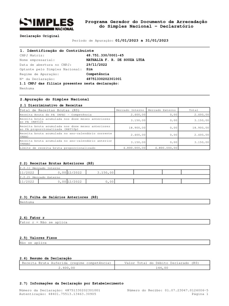 289 Pgdas Declaração 01 2023 Nathalia FR Souza | PDF | Finanças ...