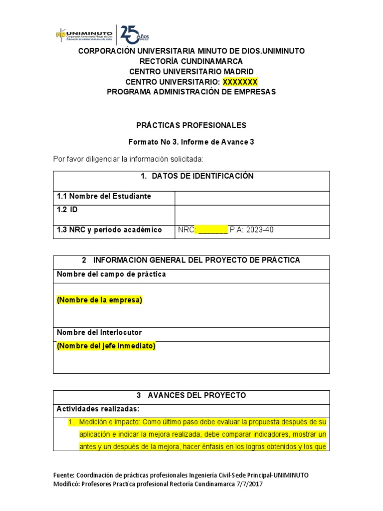 Formato No. 3 Informe de Avance 3 | PDF