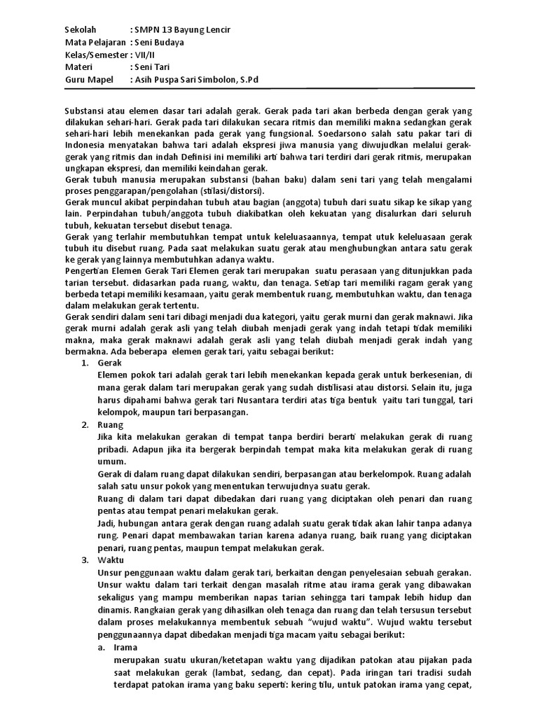 Materi Dan Latihan SBK Seni Tari Kelas 7 | PDF | Seni