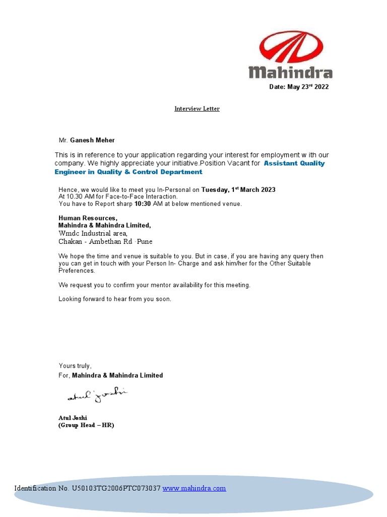Ganesh Mehar Interview Letter | PDF