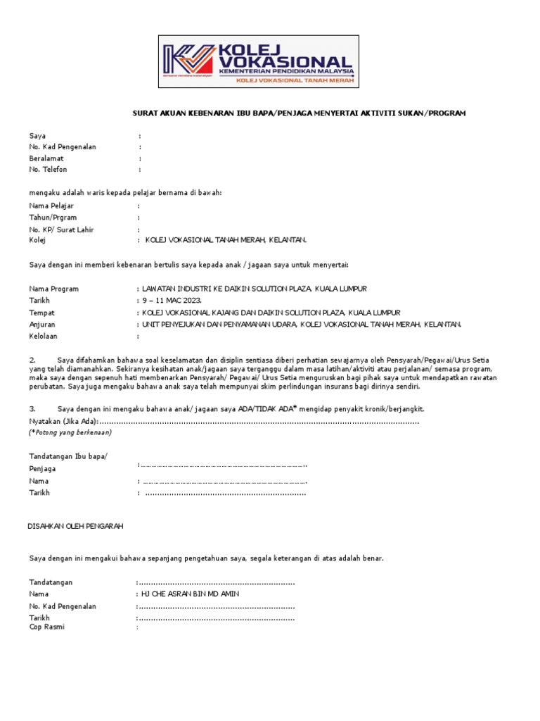 Surat Kebenaran Keluar Pelajar KVTM | PDF