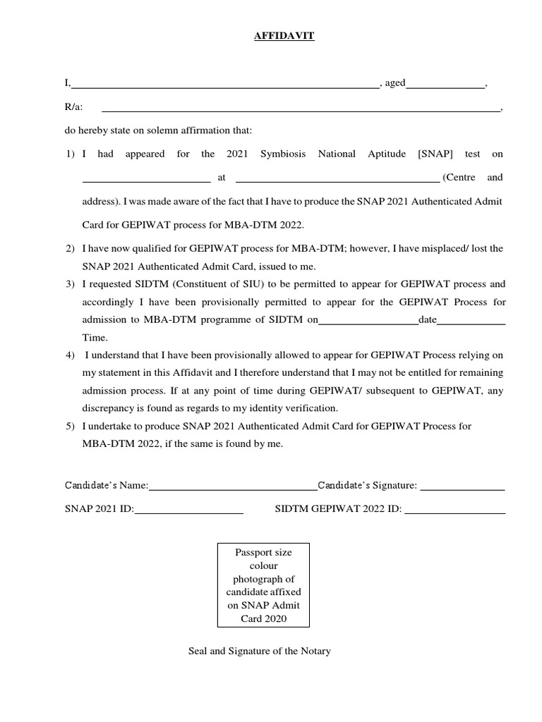 Affidavit for Lost SNAP Admit Card | PDF