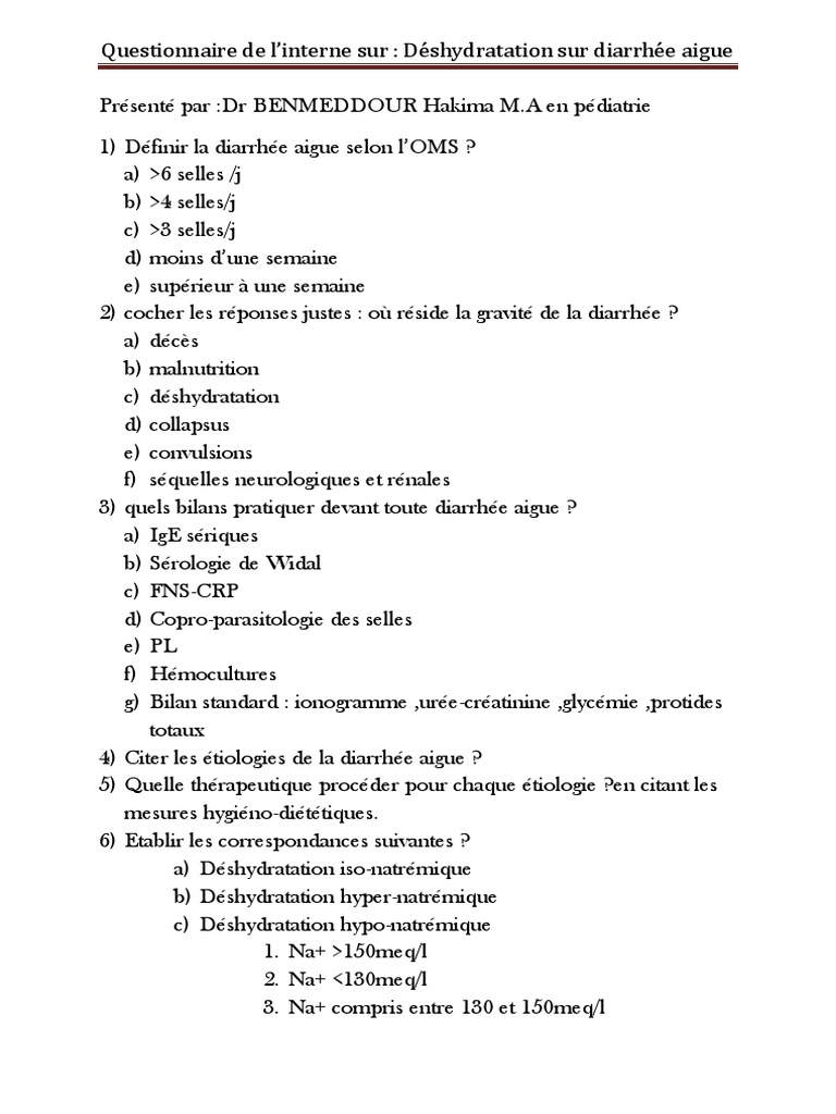 Questionnaire de L | PDF | Déshydratation (médecine) | Spécialités ...