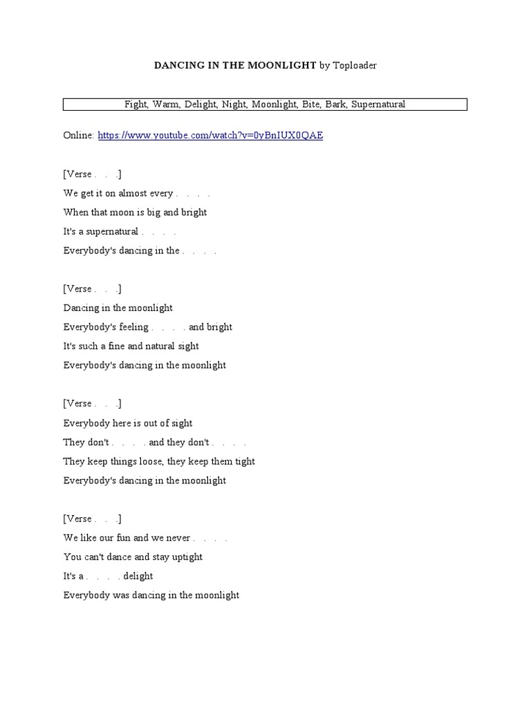 Toploader's Dancing in the Moonlight Lyrics | PDF