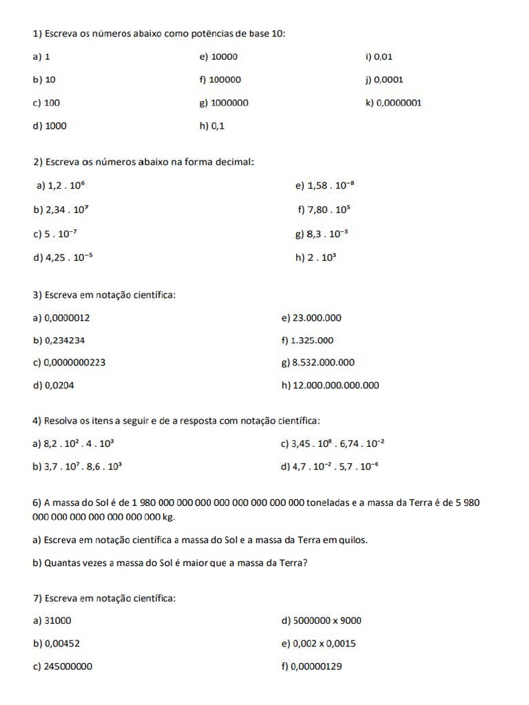 9 Exercícios de Notação Científica | PDF