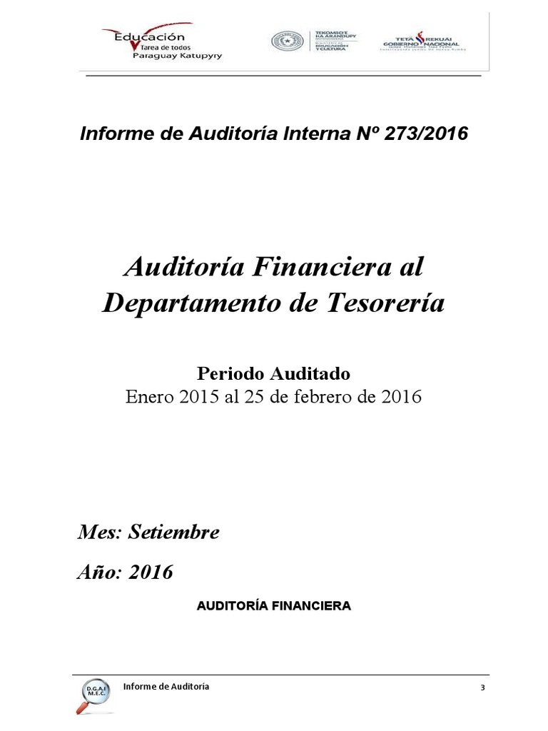 Informe de Auditor A N 273 Auditoria Financiera Al Departamento de ...