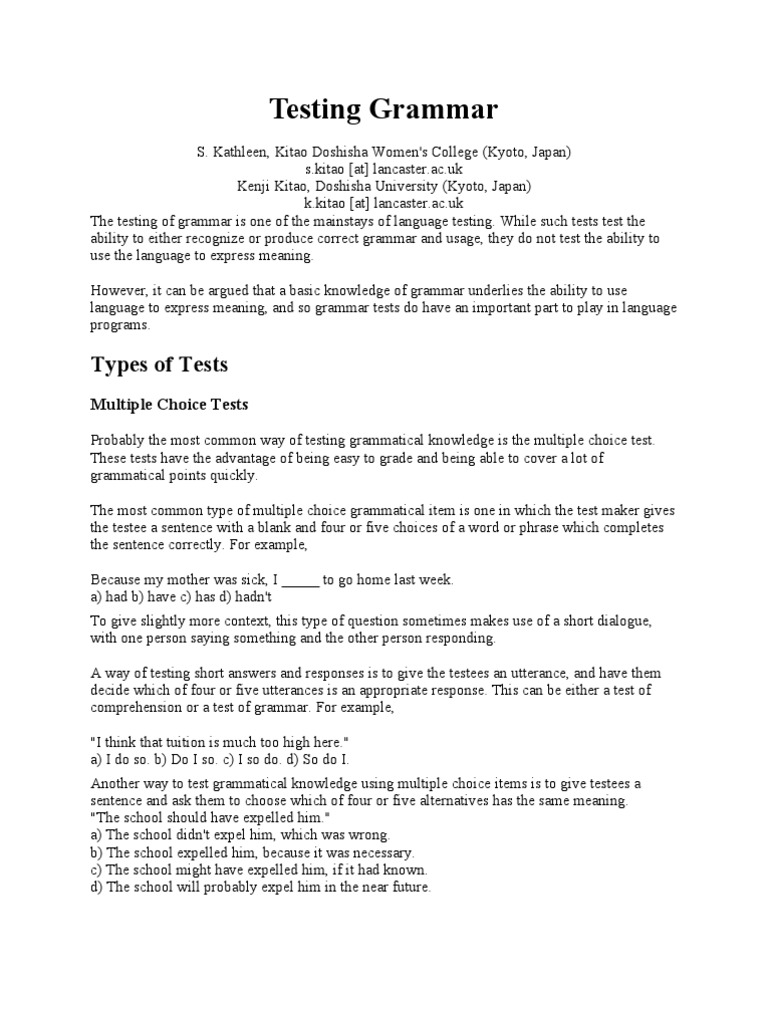 Testing Grammar | PDF | Sentence (Linguistics) | Multiple Choice