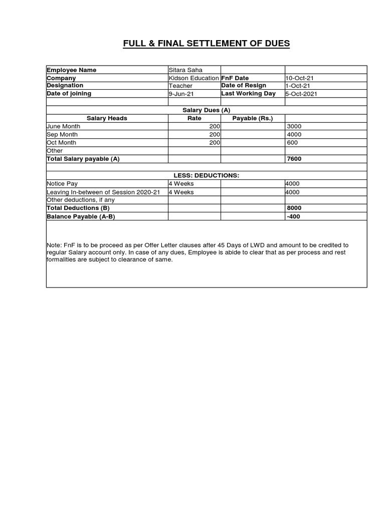 Full and Final Settlement Statement | PDF