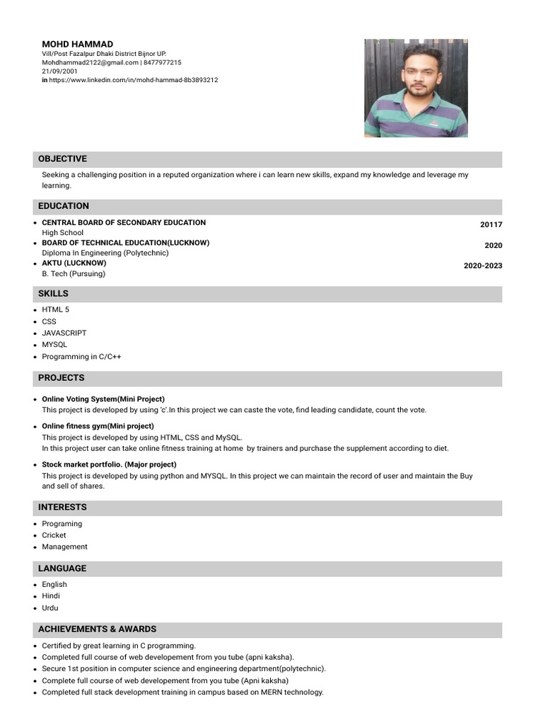 Mohd Hammad's Resume: Seeking a Challenging Position to Further Develop Skills in Programming ...