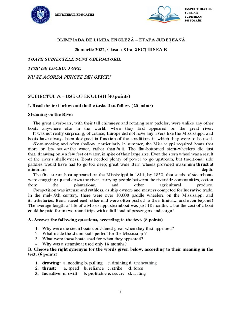 Subiect Clasa A XI Sectiunea B | PDF | Data | Science