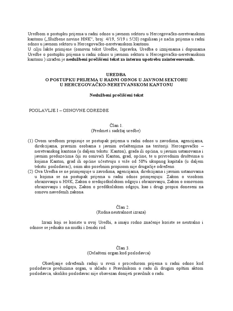 Uredba o Postupku Prijema U Radni Odnos U Javnom Sektoru U HNK - Neslužbeni Prečišćeni Tekst | PDF