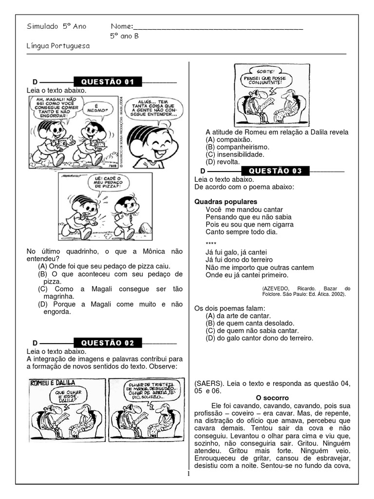 Simulado 5º Ano de Portugues | PDF