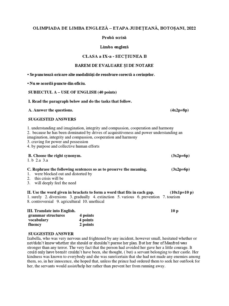 Barem Clasa A 9 - A - Sectiunea B | PDF | Vocabulary | Essays