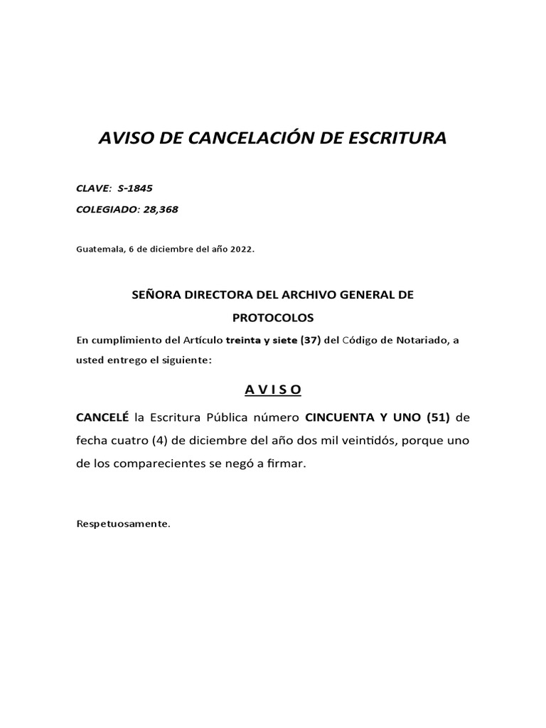 Aviso de Cancelación de Escritura | PDF