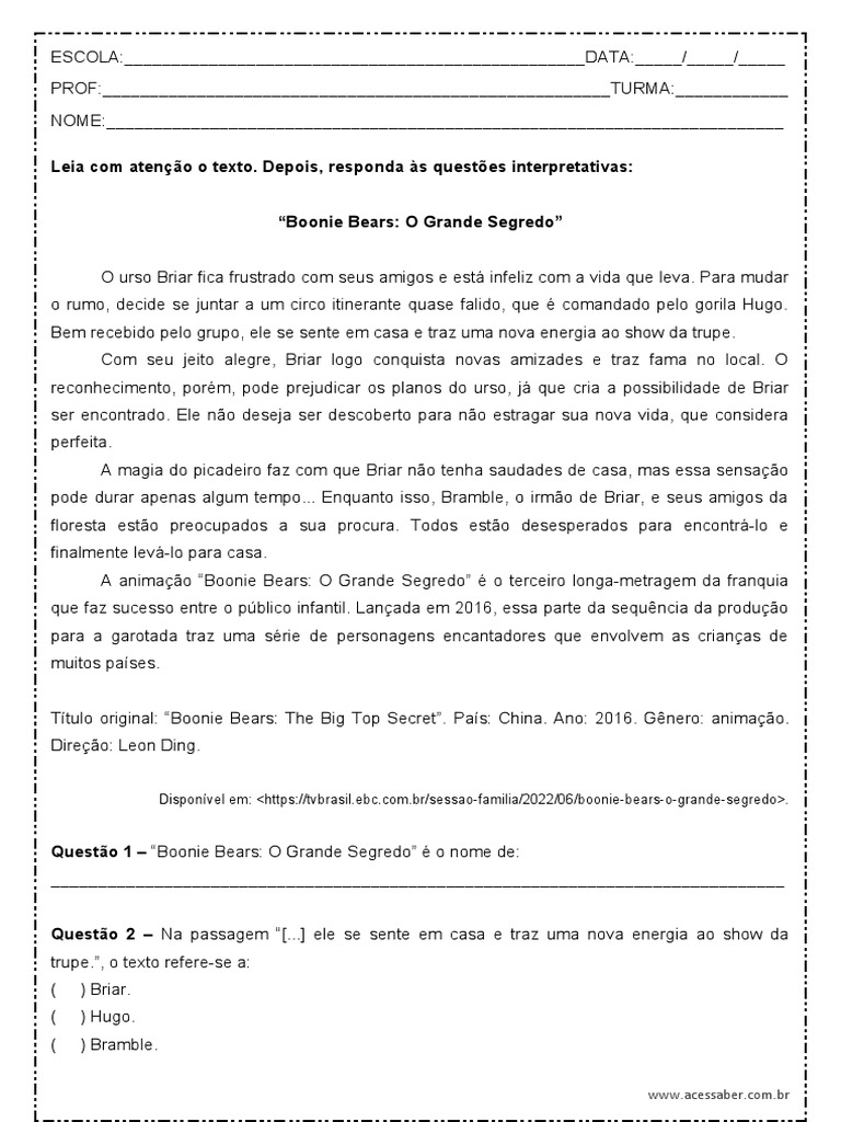 Interpretacao de Texto Resenha de Filme Infantil 5o Ano Word | PDF