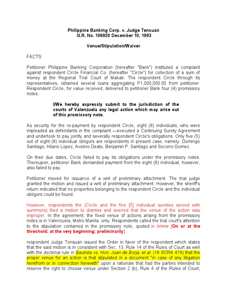 Venue Dispute in Banking Case | PDF | Lawsuit | Complaint