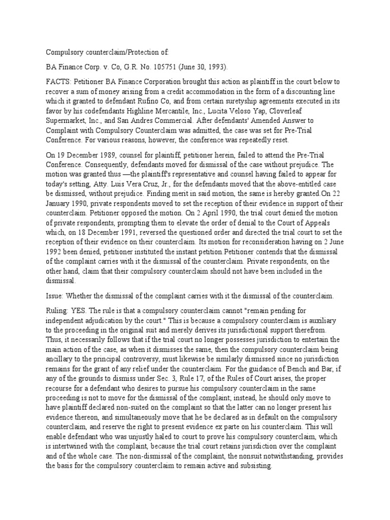 Compulsory Counterclaim Protection of BA Finance Corp. v. Co, G.R. No ...
