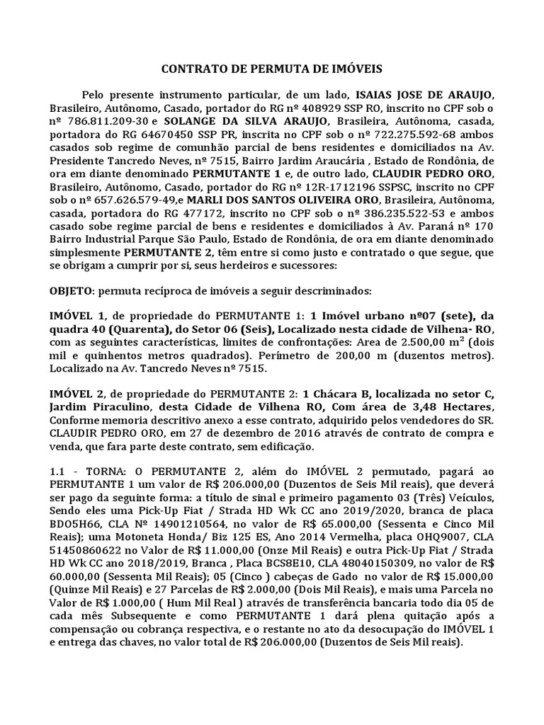 Contrato de Permuta de Imóveis | PDF | Direito Privado
