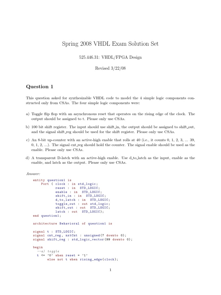 VHDL Exam, Spring 2008 Solution Set | PDF | Vhdl | Field Programmable Gate Array