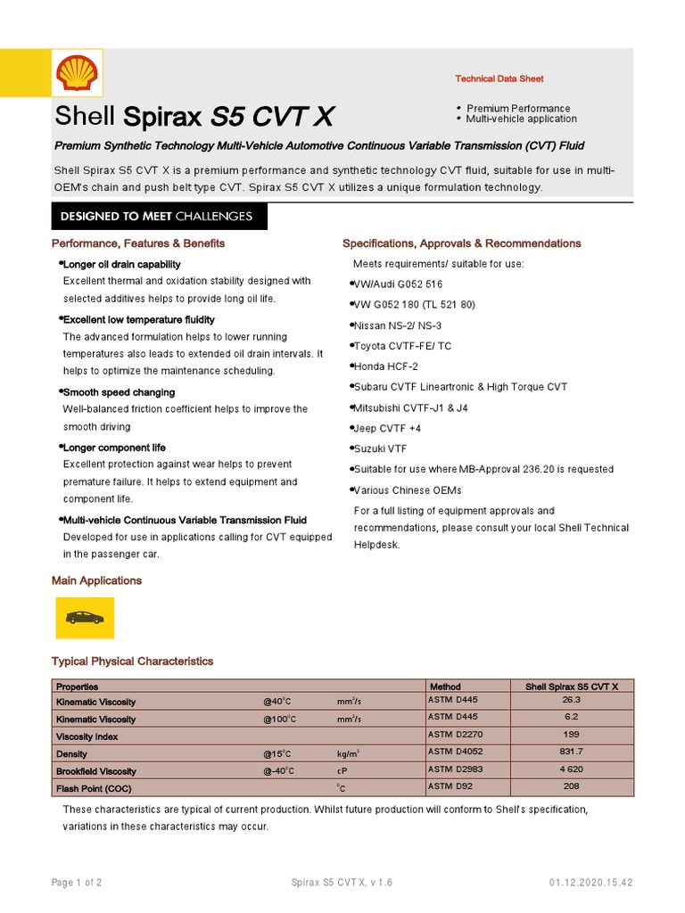 Shell Spirax S5 CVT X: Performance, Features & Benefits Specifications ...