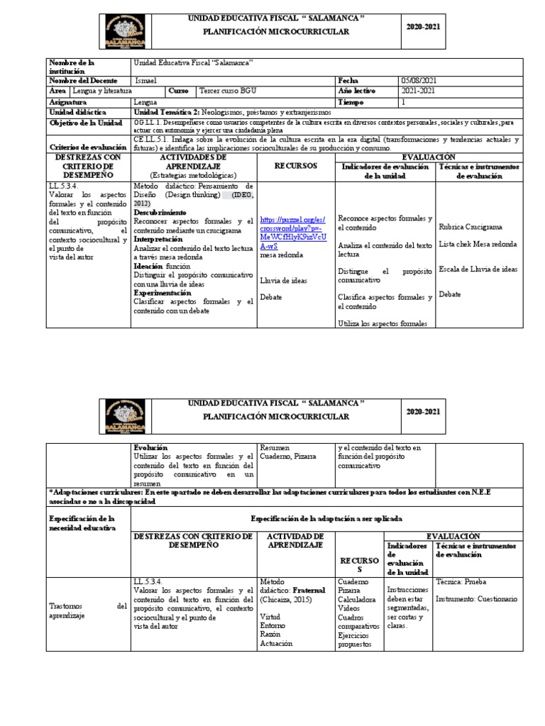 1 1 Plan de Clase | PDF | Evaluación | Aprendizaje