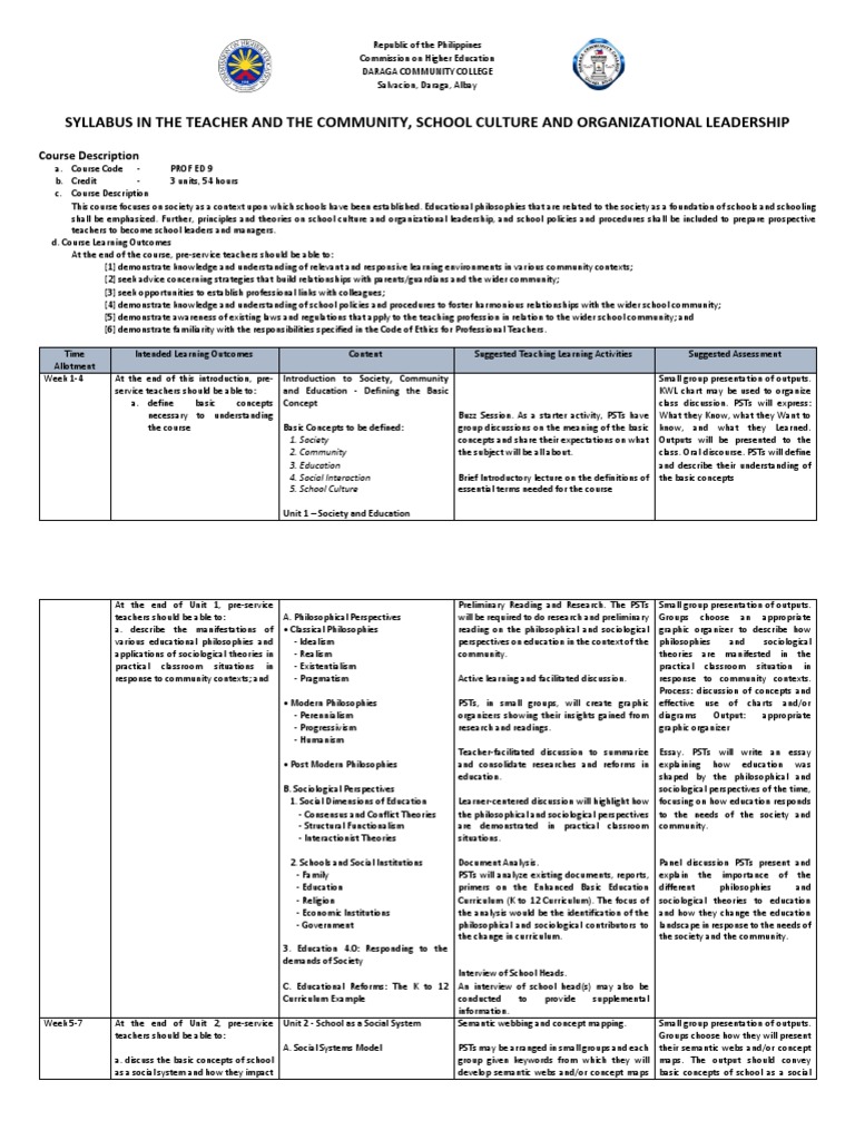 Syllabus in The Teacher and The Community School Culture and ...