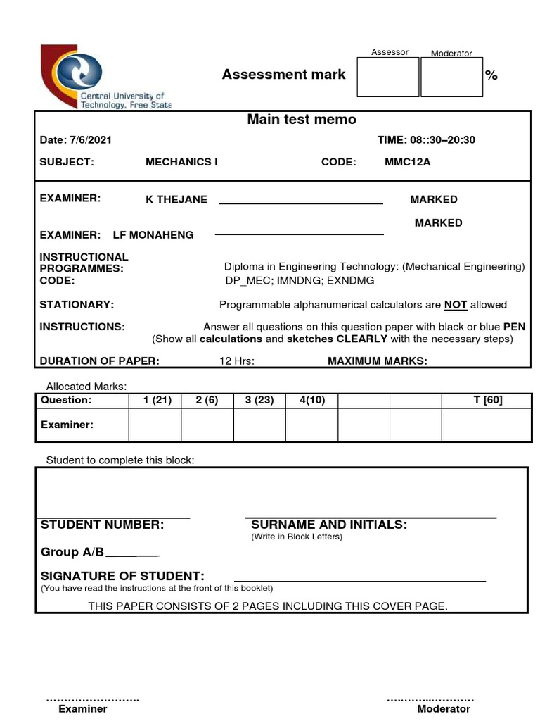 Mechanical Engineering Exam with Questions on Friction, Projectile ...