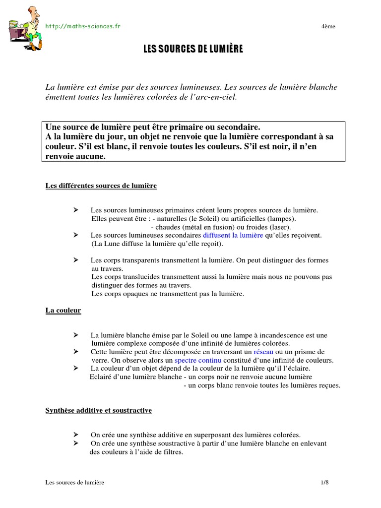 Sources de lumière en 4ème | PDF | Lumière | Couleur