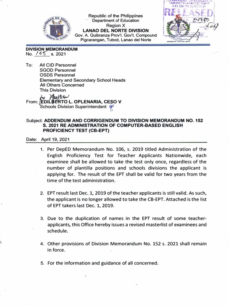Addendum & Currigendum To Div Memo No 152 S 2021 Re Administration of ...