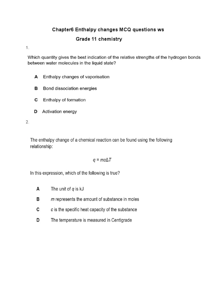 Chapter6 Enthalpy Changes MCQ Questions Ws & Answers As Well | PDF
