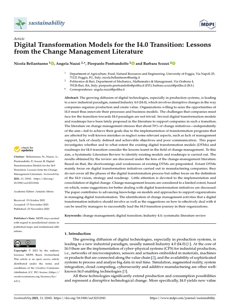 Digital Transformation Models For The I4.0 Transition: Lessons From The Change Management ...