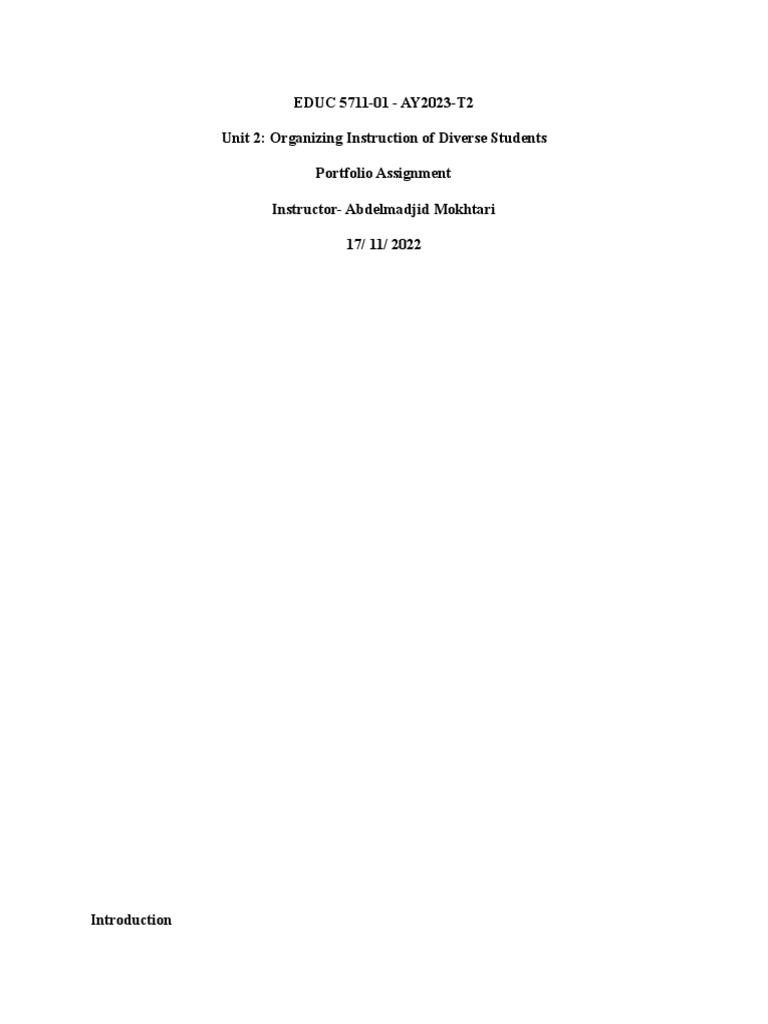 Portfolio - EDUC 5711-Unit 2 - Organizing Instruction of Diverse ...