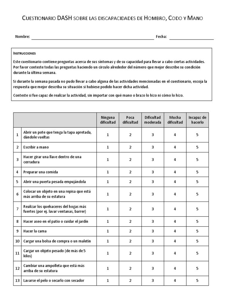 Cuestionario DASH para Evaluación Fisioterapéutica | PDF