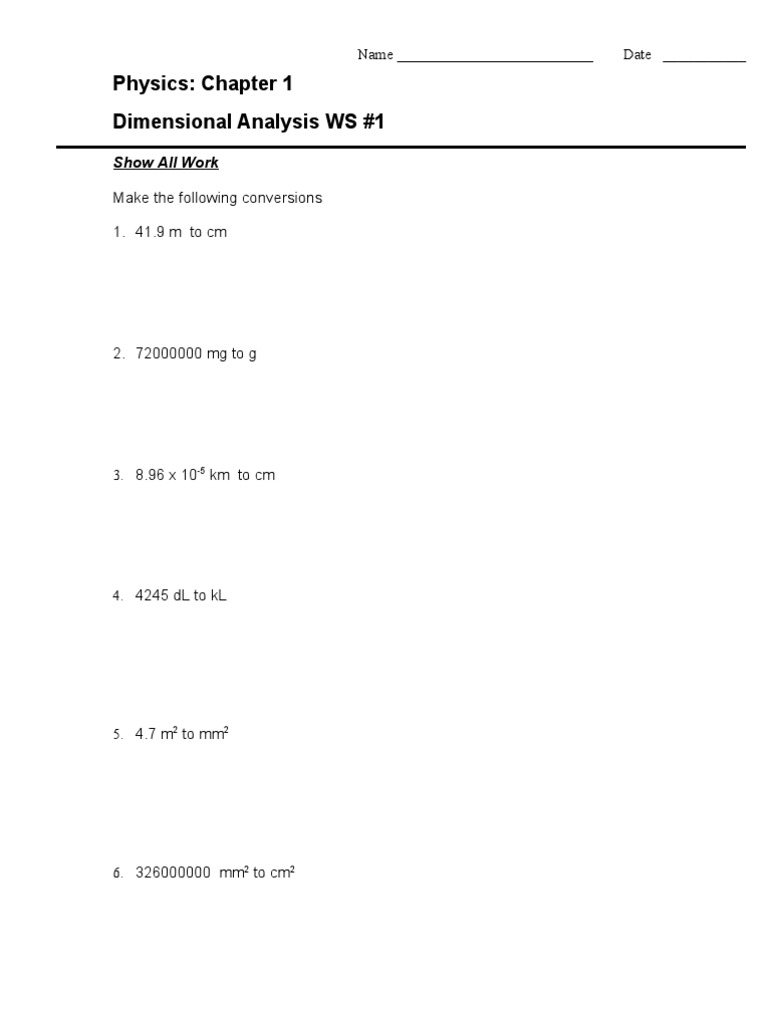 Physics: Chapter 1 Dimensional Analysis WS #1: Show All Work | PDF