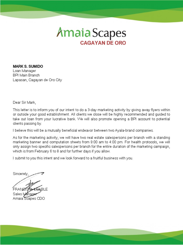 Letter of Intent - BPI Banks | PDF