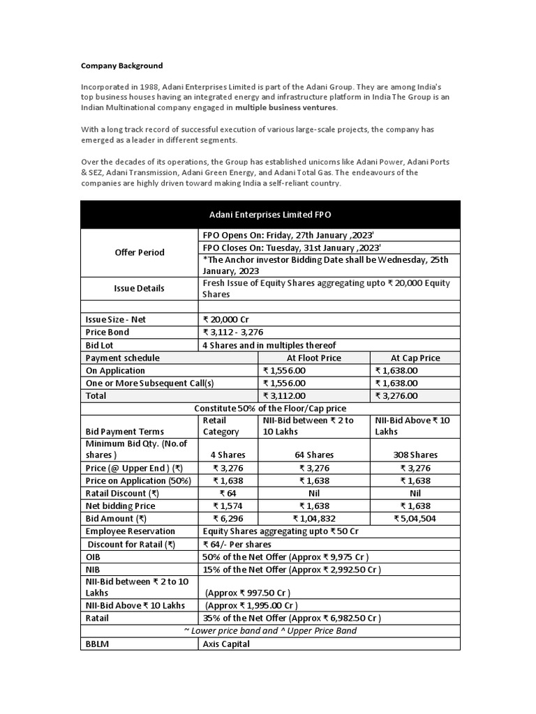 Adani Enterprises Limited FPO Product Note | PDF | Stocks | Financial ...