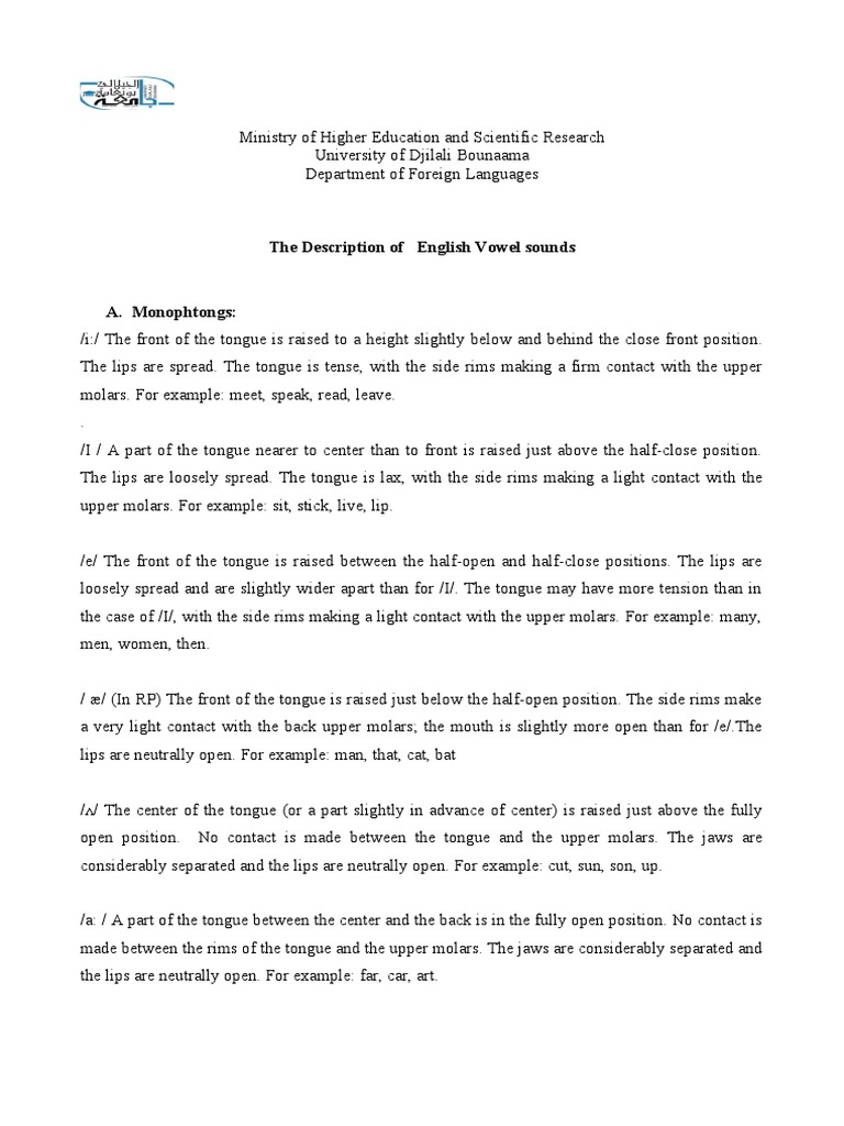 The Description of Vowel Sounds | PDF | Vowel | Human Voice