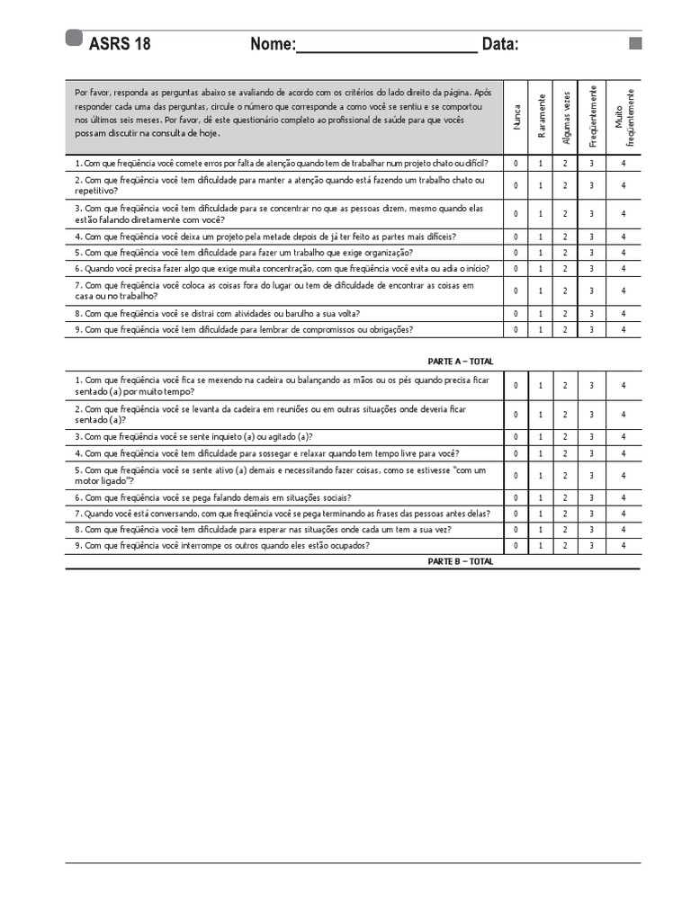 Questionário ASRS-18 para TDAH | PDF