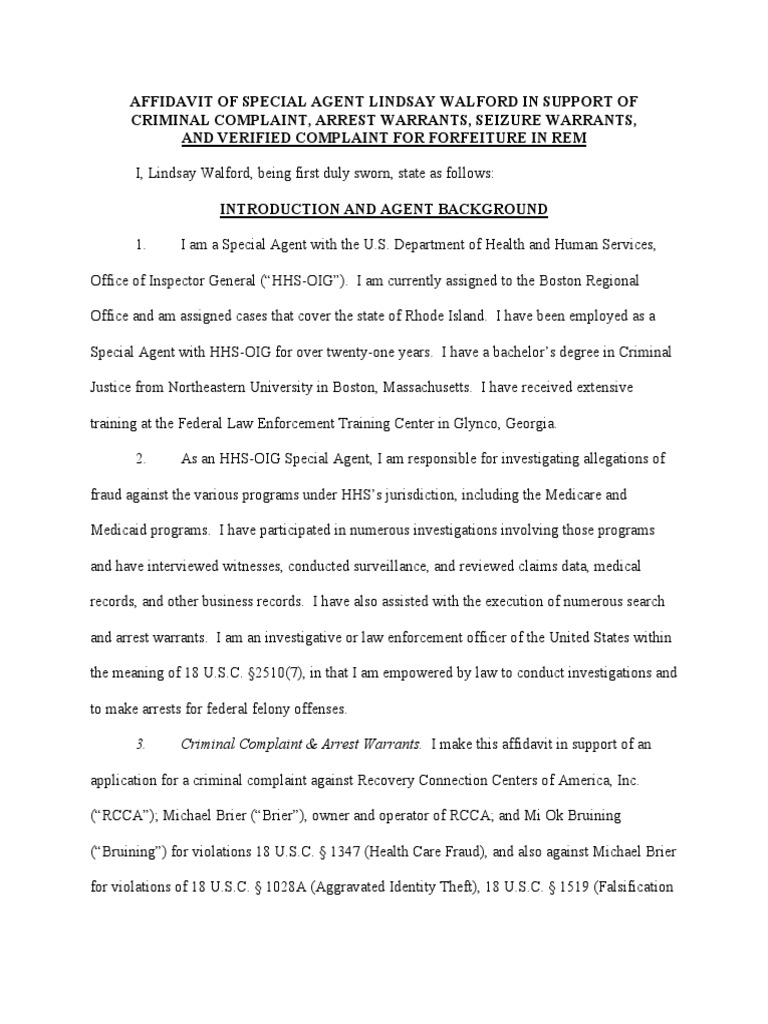 Affidavit in The Case Against Michael Brier, Recovery Connections ...