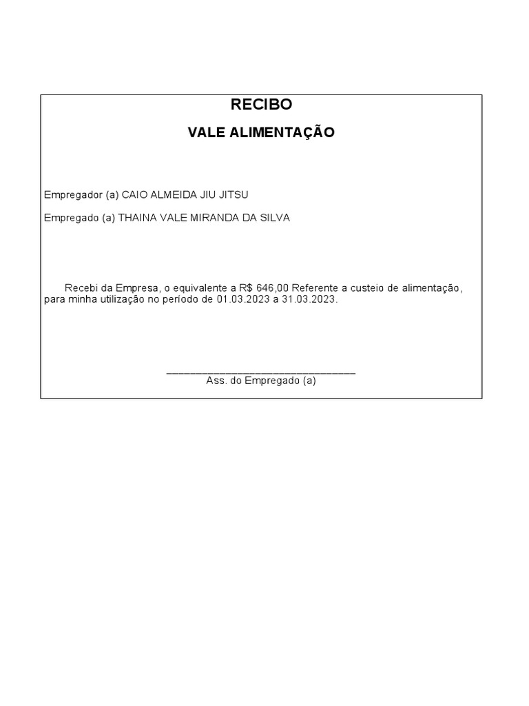 Modelo de Recibo Vale Alimentação | PDF