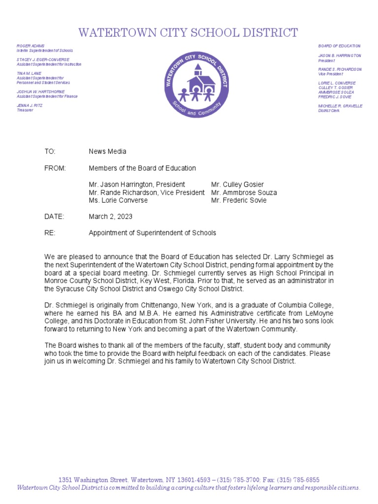 Watertown City School District: New Superintendent | PDF