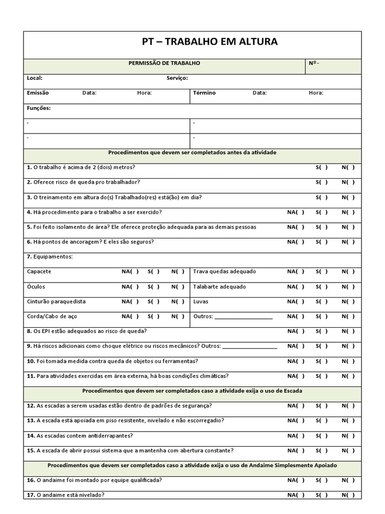 Permissão de Trabalho (PT) - Trabalho em Altura | PDF
