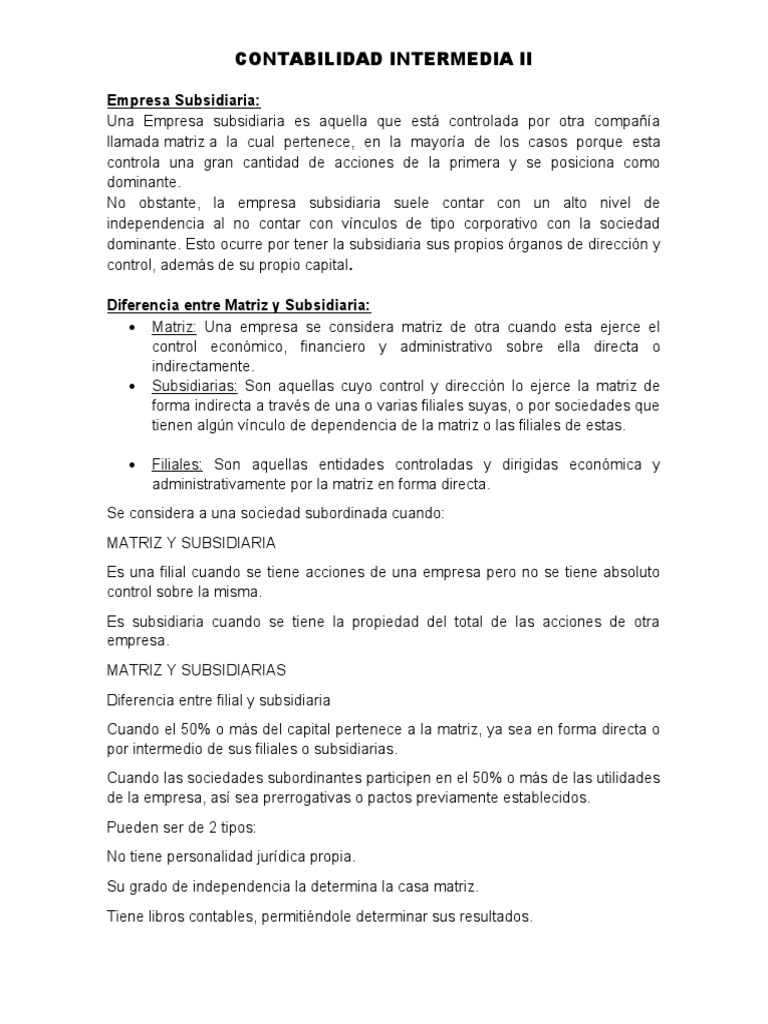 Trabajo Empresa Subsidiaria | PDF | Contabilidad | Subsidiario