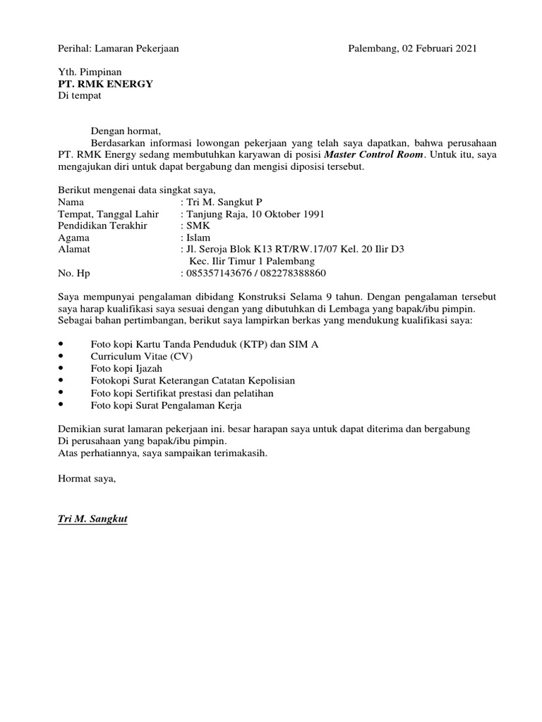 Contoh Surat Lamaran Kerja Ke RMK-Energy | PDF