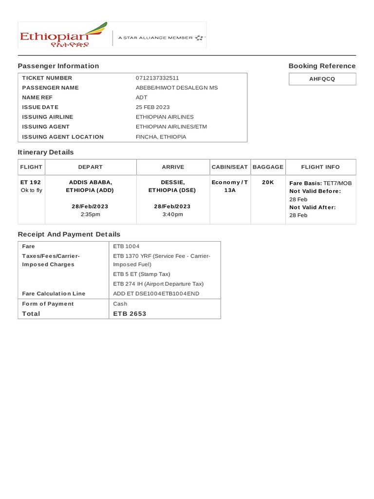 Electronic Ticket Receipt, February 28 For MS HIWOT DESALEGN ABEBE | PDF