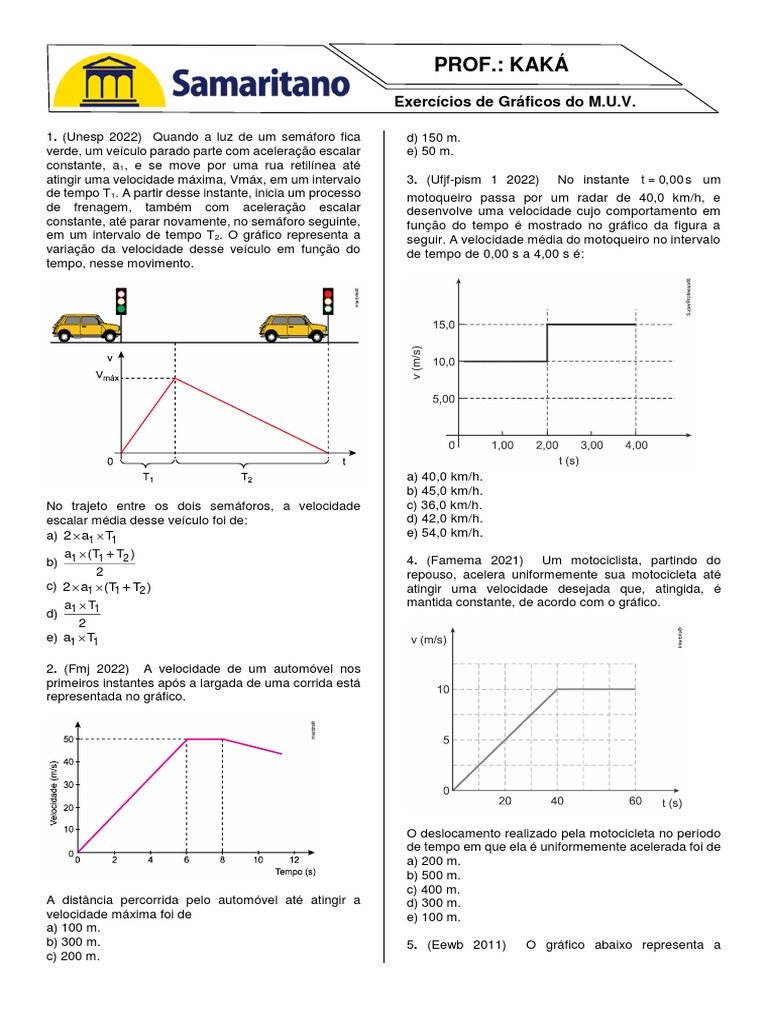 Lista de Exercícios de Gráficos Do M.U.V | PDF | Velocidade | Tempo