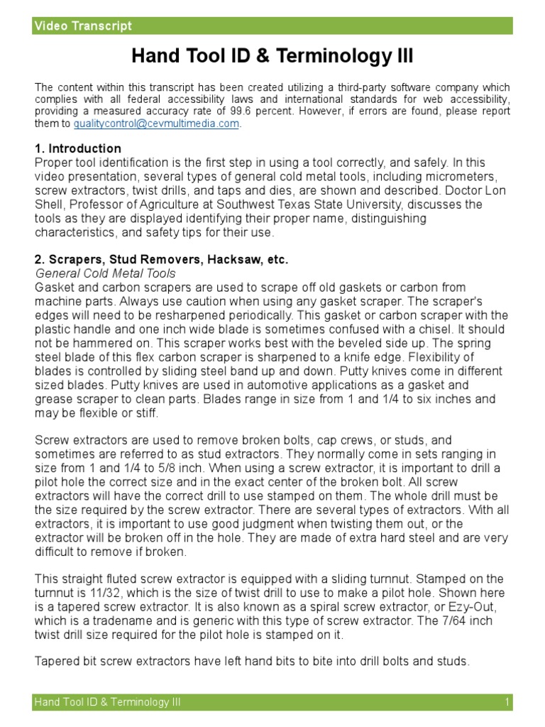 ICEV Hand Tool III Video Transcript | PDF | Screw | Drill