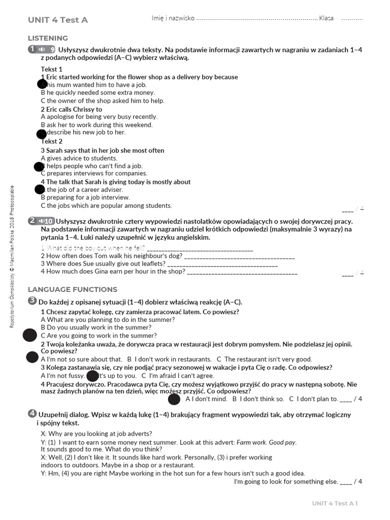 Sprawdzian Klasa 7 Grupa A Unit 4 Macmilian | PDF